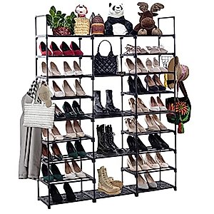 CLIFFBUCK 9 Tiers Shoe Rack Organizer for Closet Large Shoe Rack Storge for 50-55 Pairs Shoe and Boots Stackable Black Metal Free Standing Shoe Racks with Side Hooks for Garage，Bedroom