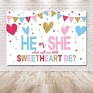 MEHOFOND Sweetheart Gender Reveal Baby Shower Photo Background He or She Valentine's Day Blue or Pink Gold Love Hearts Party Decoration Backdrops Banner for Photography 7x5ft