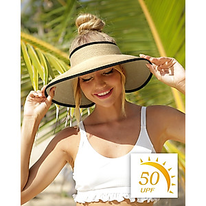 Camptrace Sun Visors for Women Wide Brim Beach Hat UPF 50+ Foldable Straw Visor Hat Ponytail Summer Packable Black