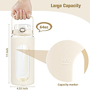 64oz Glass Water Bottles with Straw , Motivational Water Bottle with Silicone Sleeve & Double Drinking Lid Handle, Leakproof & BPA Free Reusable Clear Glass Water Jug with Double Drinking Lids (White)