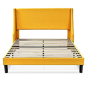 Allewie Queen Bed Frame, Platform Bed Frame Queen Size with Upholstered Headboard, Modern Deluxe Wingback, Wood Slat Support, Mattress Foundation, Light Yellow