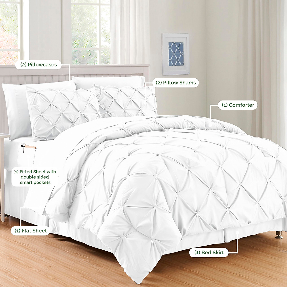 Elegant Comfort 8-Piece Pinch Pleated Comforter Set - All Season Complete Bed in a Bag, Includes 4pc Smart Sheet Set, Bed Skirt, Comforter, Matching Pillowcases and Shams, Full/Queen, White