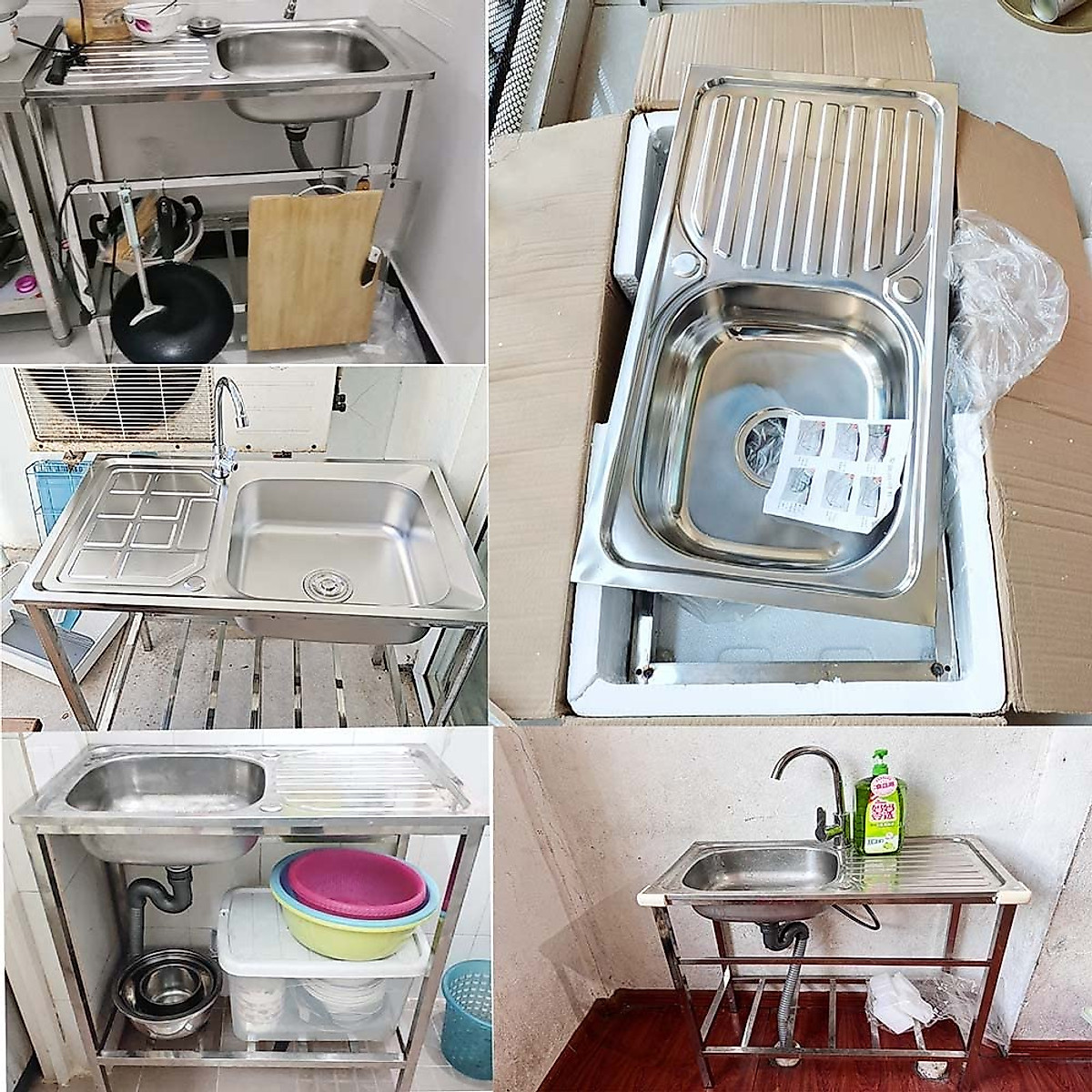 Free Standing Stainless Steel Utility Sink Single Bowl Kitchen Sinks Commercial Restaurant Sink Portable Outdoor Handwashing Station for Laundry Backyard Garage Camping 75x40x75cm(30x16x30in)