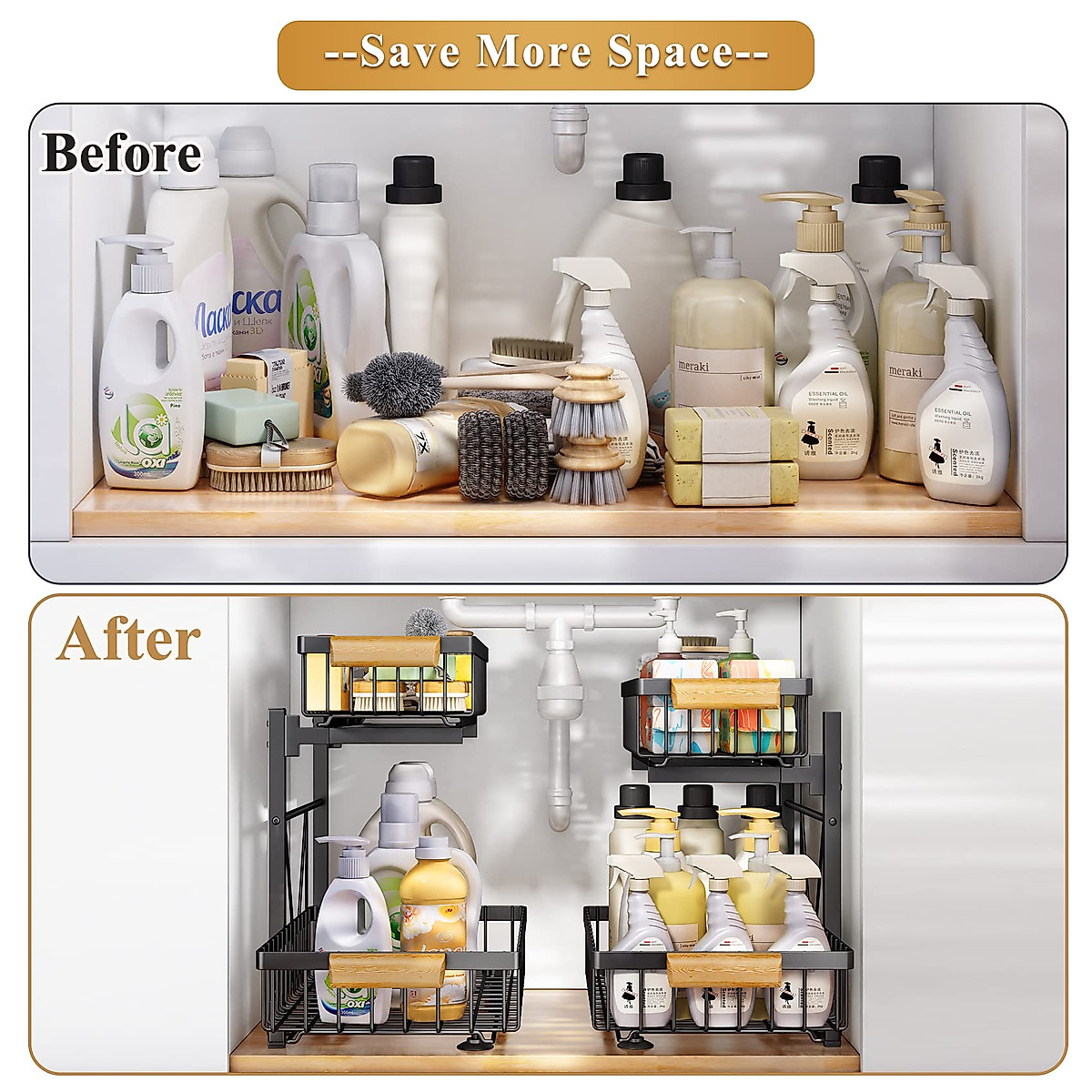 Under Sink Organizer, PXRACK Pull Out Cabinet Organizer 2-Tier Slide-out Sliding Shelf Under Cabinet Storage Multi-purpose for Under Kitchen Bathroom Sink Living Room Organizers and Storage