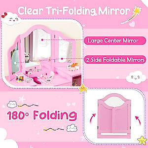KOTEK Kids Vanity Table and Chair, 2 in 1 Wooden Princess Dressing Desk with Detachable Tri-Folding Mirror & Storage Shelves, Girls Pretend Play Beauty Makeup Vanity for Bedroom (Pink with Chair)
