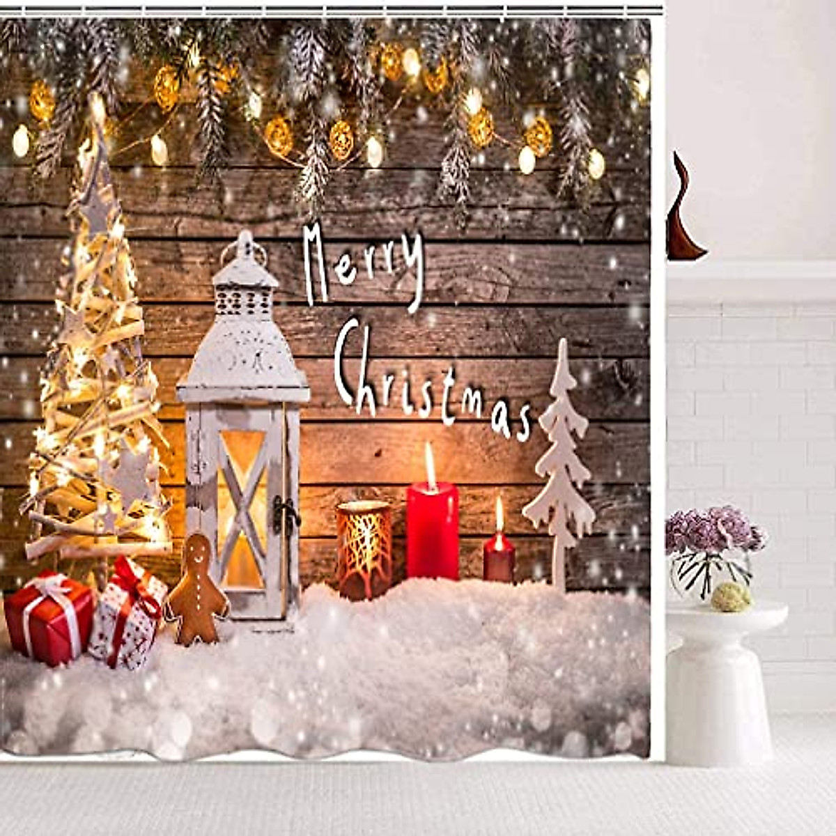 YRIGSUN 5 Pcs Wood Light Snow Christmas Tree Decor Merry Christmas Shower Curtain Sets with Rugs and Towels, Toilet Lid Cover, Bath Mat Festive Colorful Xmas Elements Bathroom Set
