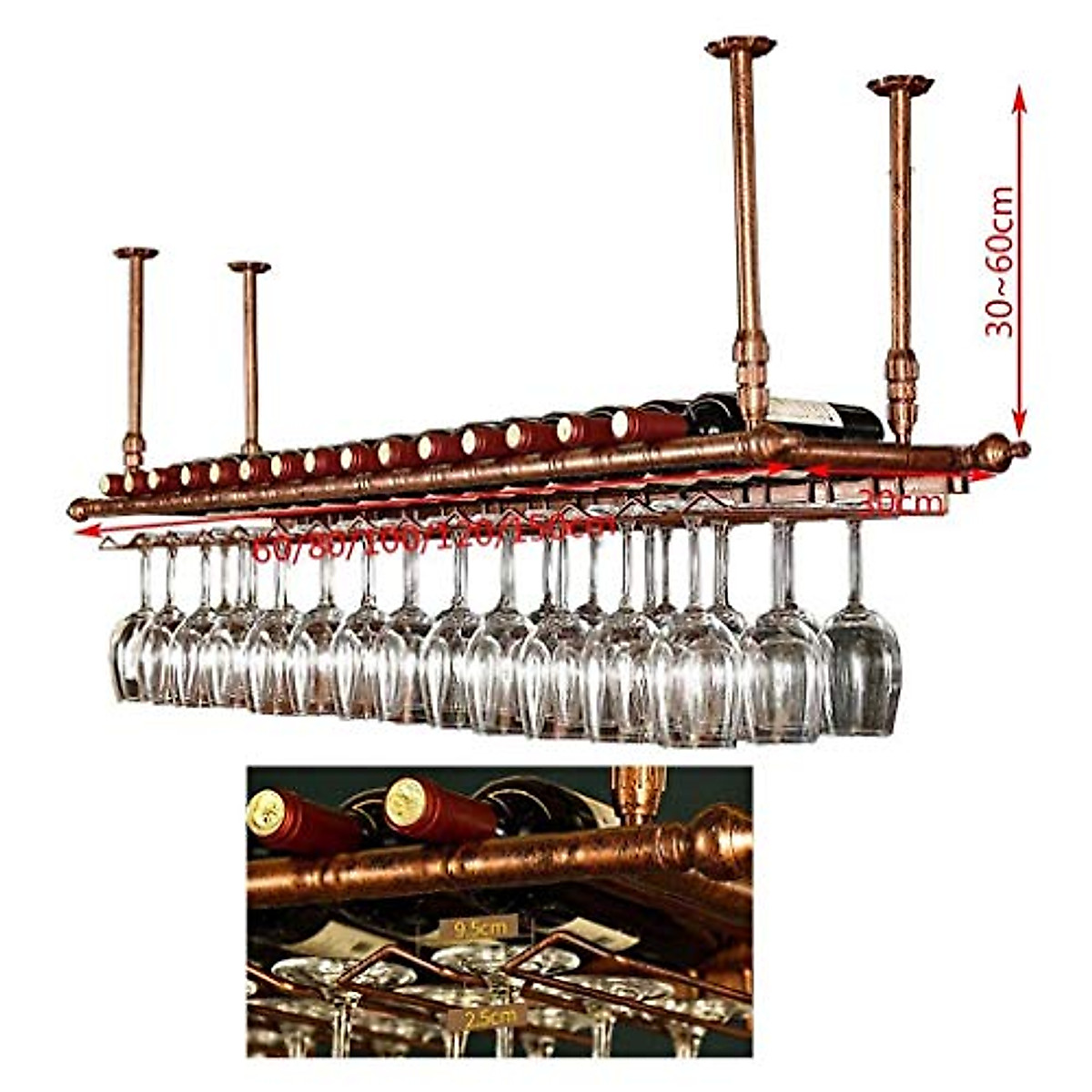 Wine Rack Wine Rack Ceiling Wine Racks，Hanging Wine Glass Holder， Vintage Wine Bottle Holder，Rustic Wall Mounted Wine Holder，Adjustable Height， Iron Hanging Wine Glass Rack Wine Ra