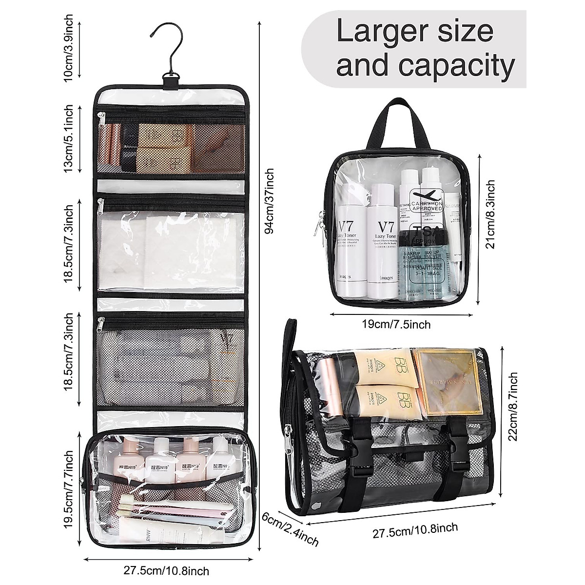 Clear Toiletry Bags for Traveling, Hanging Toiletry Bag for Women and Men with TSA Approved 3-1-1 Small Pouch, Large Travel Makeup Bag Cosmetic Organizer Pouch for Toiletries, Full Sized Container