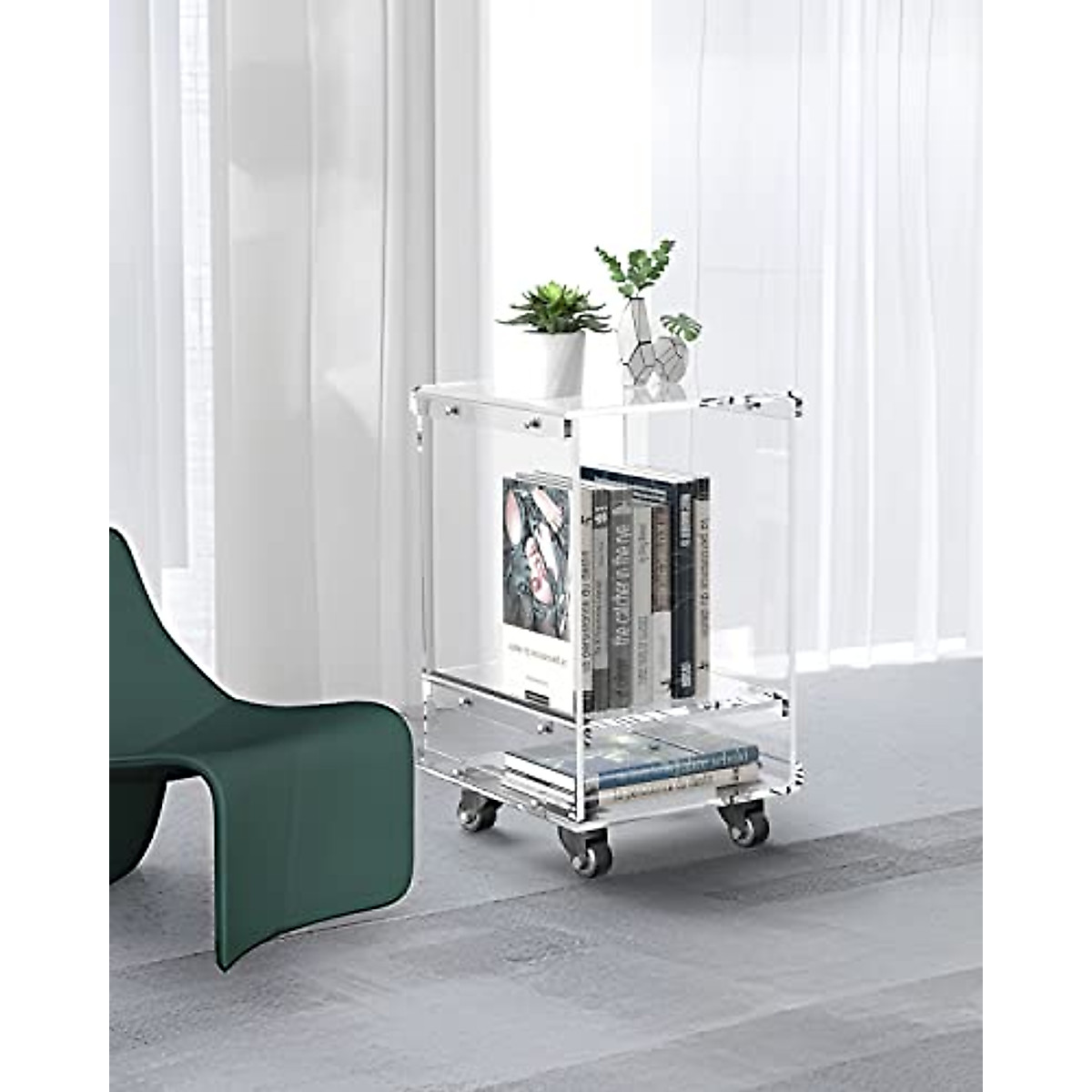 KSacry Acrylic Rolling Cart for Small Space,Mobile End Table with Two Tier Rolling Cart,Acrylic Nightstand/Bedside Table for Living Room, Bedroom (12.6" L × 11.8" W × 19" H)