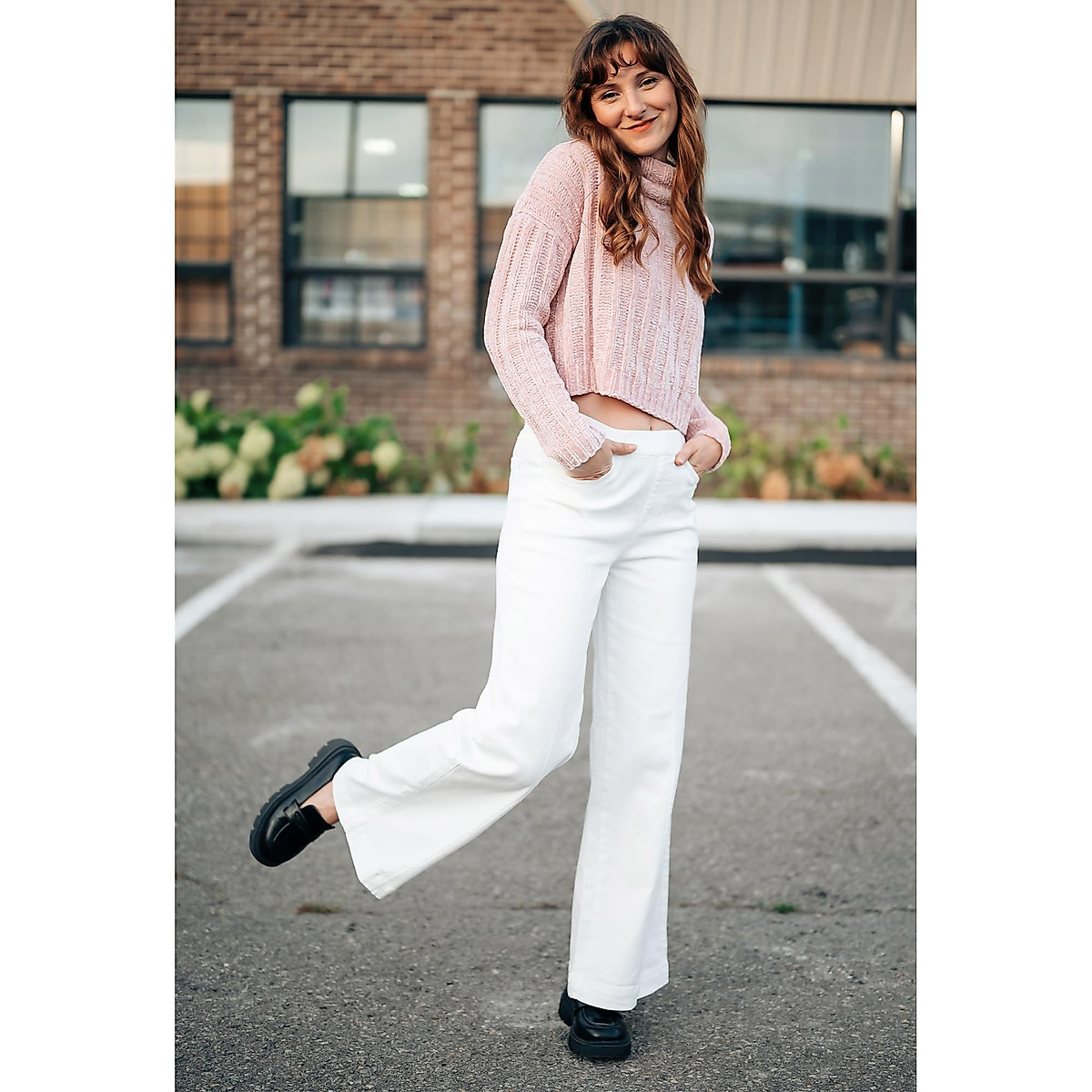 GRAPENT Women's Bright White Wide Leg Jeans, Size L