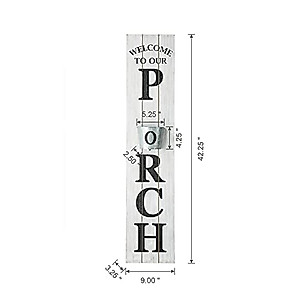 Glitzhome 42"H Wooden Welcome Porch Sign for Front Door with Cute Metal Hanging Planter, Washed White