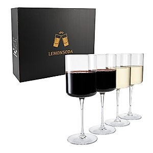 LEMONSODA Luxury Wine Glasses - Elegant Crystal Straight Edge Design - Enjoy Red or White Wine + Cocktails - 450ml (15oz) Lead-Free - Beautiful Gift (Set of 4)