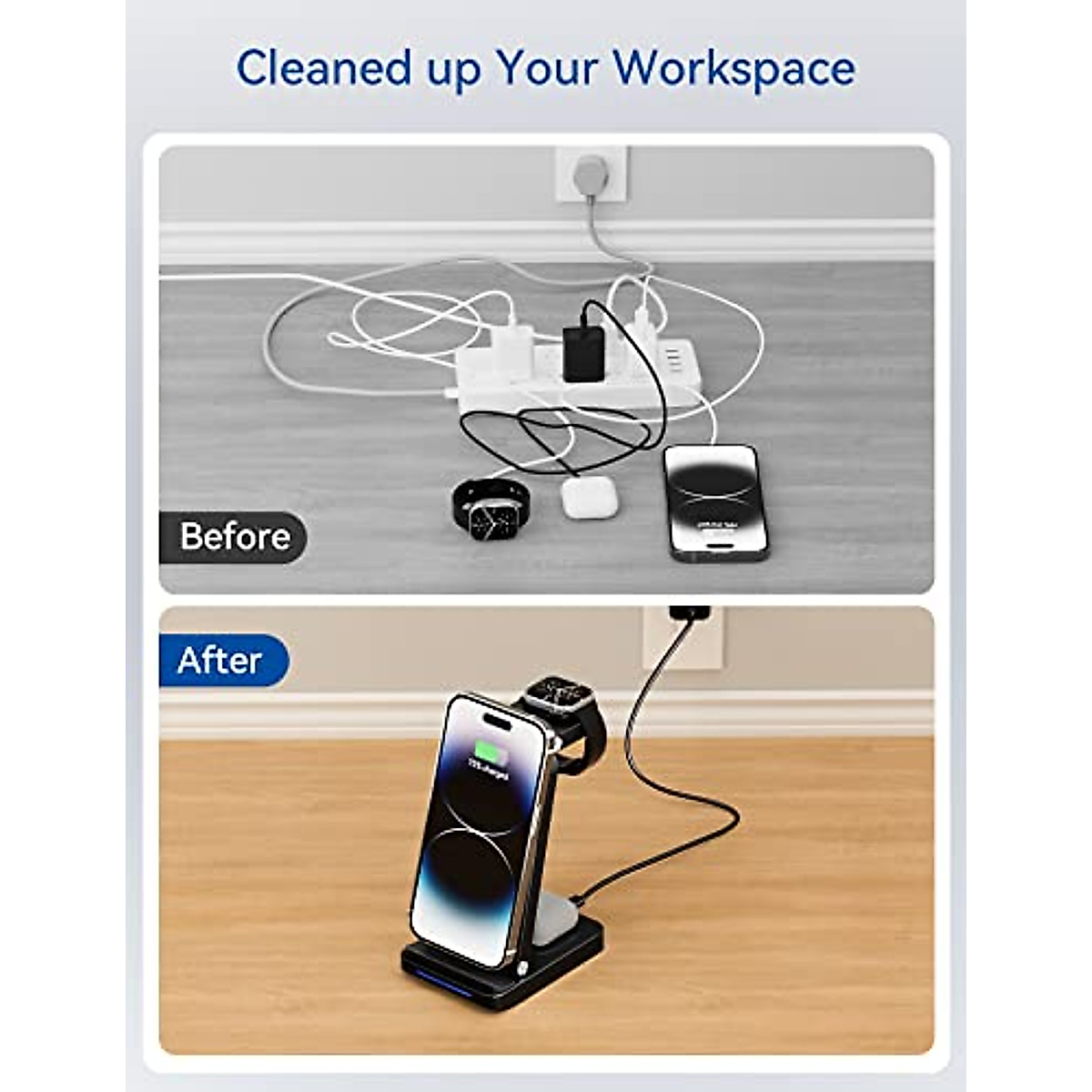 ELEGRP Wireless Charging Station, 3 in 1 Wireless Charger, Foldable Compact Size for iPhone 14/13/12/11/Pro/Max/SE/8 and Android Samsung and Pixel Phone, iWatch and Airpods (with 18w Adapter)