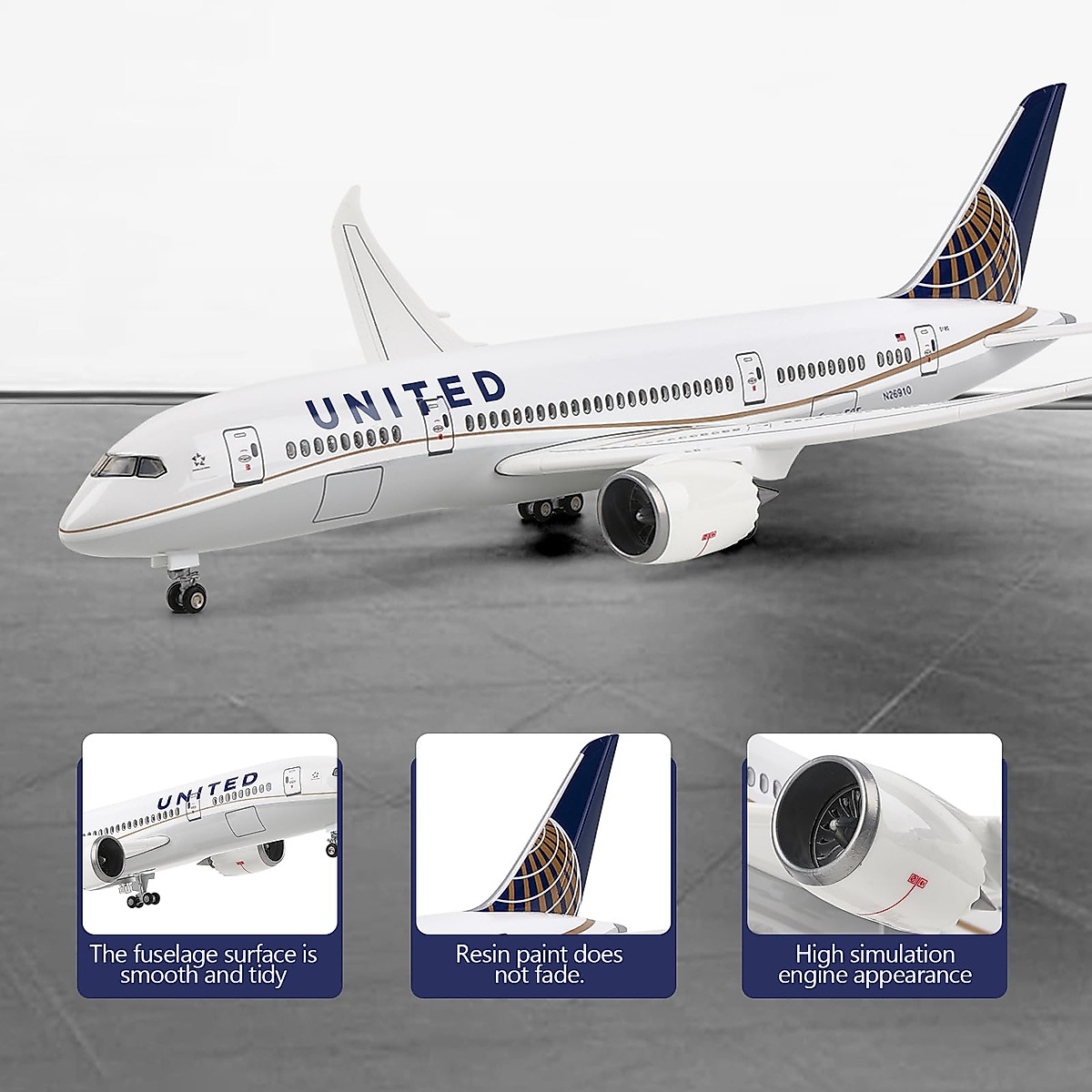 Bswath Large Model Airplane 1:130 American United Airway Boeing 787 Model Jet Plane Model for Adults with LED Light for Gift and Decoration