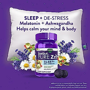 ZzzQuil PURE Zzzs De-Stress Melatonin Sleep Aid Gummies, Helps Calm Your Mind and Body, Ashwagandha for Stress Support, Sleep Aids for Adults, 1 mg per gummy, 42 Count