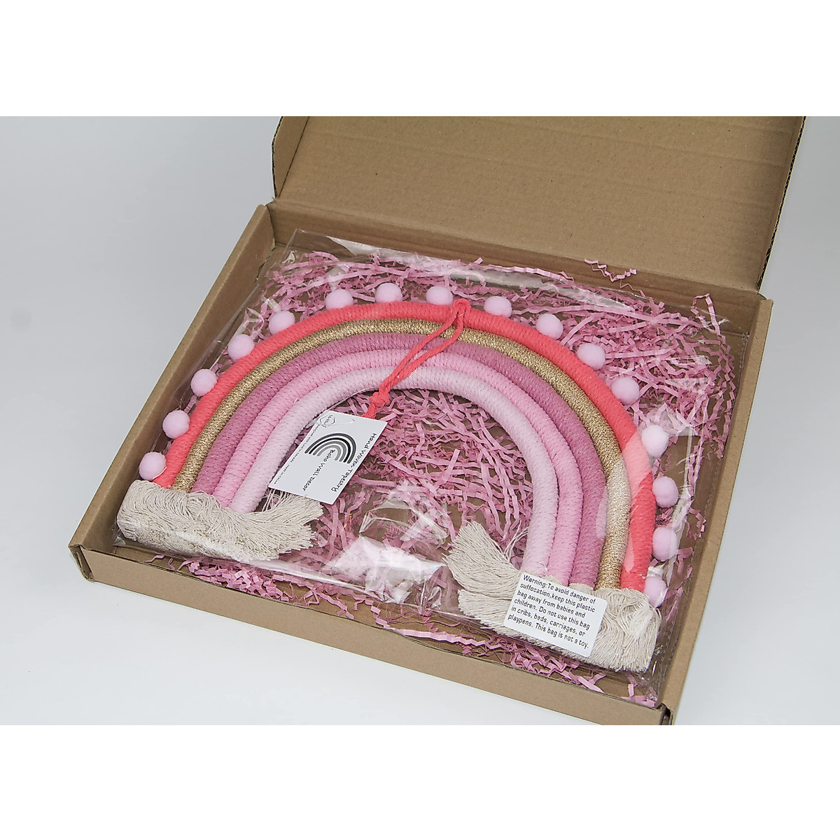 Macrame Pastel Rainbow with Pompoms and Tassels, Wall Hanging Accent for Girls, Boho Kid Room Decor, Adorable Baby Shower or Awesome Birthday Gift Pink, 14x11 inches