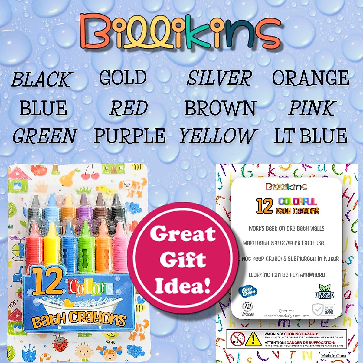 Billikins™ 12 Bath Crayons For Toddlers┃12 Color Crayons For Kids┃ Bath Tub Crayons┃Bath Crayons Non Toxic┃Bath Toys┃Crayones De Baño┃ Safe & Easy To Clean