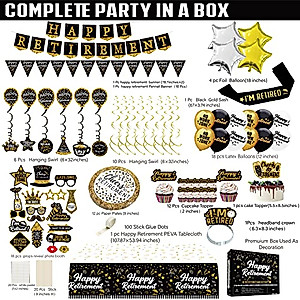 Happy Retirement Party Decorations supplies - (80pack) black gold party Banner, Pennant, Hanging Swirl, retirement balloons, Tablecloths, cupcake Topper, Crown, plates, Photo Props, retired Sash