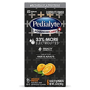 Pedialyte AdvancedCare Plus Electrolyte Powder, with 33% More Electrolytes and PreActiv Prebiotics, Orange Breeze, Electrolyte Drink Powder Packets, 0.6 oz (18 Count)