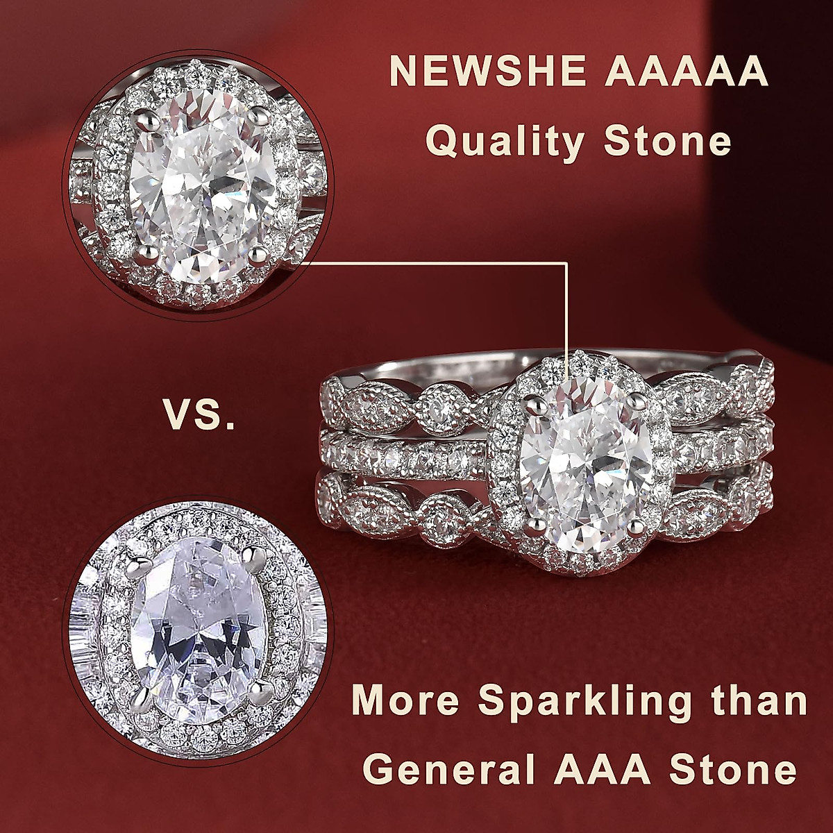 Newshe Jewellery Engagement Sets Wedding Rings For Women 925 Sterling Silver 3pcs White Cz Size 5.5