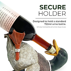 Rivers Edge Products Wine Bottle Holder for 750ml Standard Wine Bottle, Hand-Painted Poly Resin Kitchen Decor, Unique and Rustic Home Decor for Countertop or Wine Bar, Mallard Duck