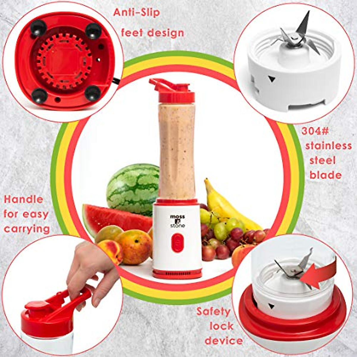 Moss & Stone Personal Blender Single Serve Shake & Smoothies Maker with Portable Travel Sport Bottle - Mini Juicer, White & Red Single Serve Blender for Smoothies and Shakes - Bottle 20 oz
