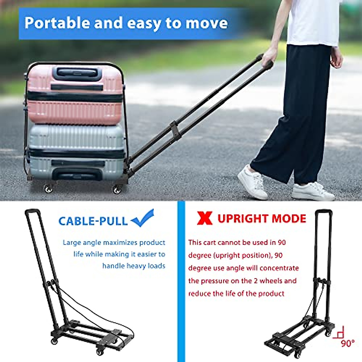 AKOZLIN Folding Hand Truck 360°Rotate 4 Wheels 200lbs Heavy Duty Capacity Utility Cart Adjustable Handle Portable Compact Trolley Dolly for Personal,Luggage,Travel,Office Use