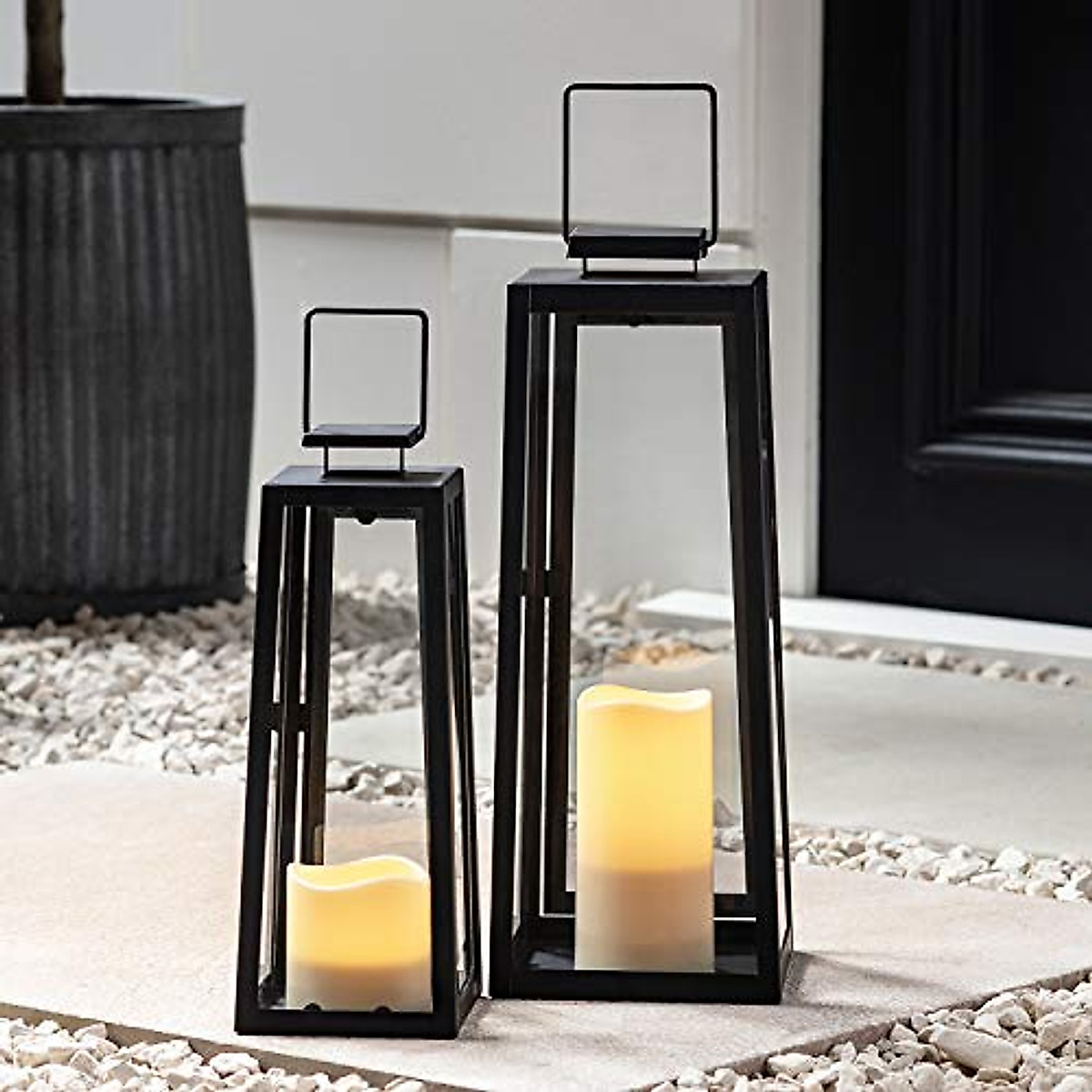 Lights4fun, Inc. Set of 2 Black Metal Battery Operated 15" & 12" Tall LED Flameless Candle Lanterns Lights for Indoor Outdoor Use