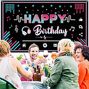 Music Happy Birthday Party Backdrop Musical Social Media Birthday Party Supplies Social Media Photography Background Large Fabric Banner for Teens, 73 x 43 Inches
