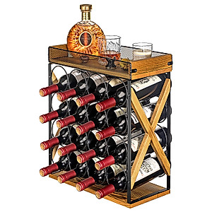 ThreeHio Wood Countertop Wine Rack, 16 Bottle Wine Bottle Holders Stands Wine Storage Racks with Tray, 4 Tiers Table top Wine Racks for Kitchen Counter Tops, Pantry