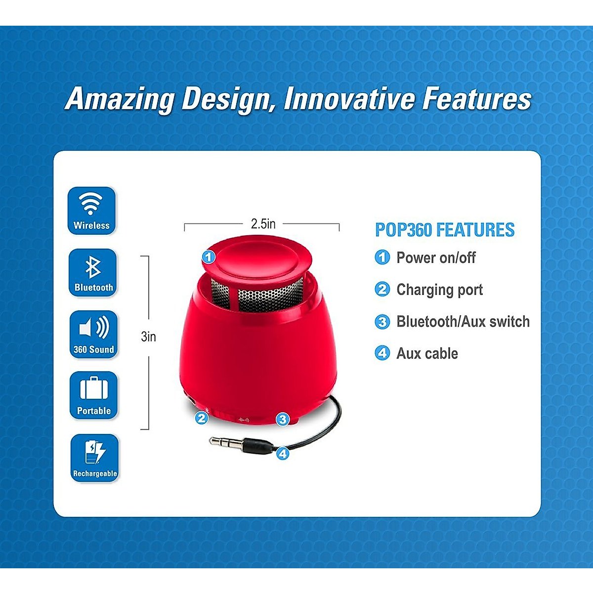 BLKBOX Wireless Bluetooth Speaker POP360 Hands Free Bluetooth Speaker - for iPhones, iPads, Androids, Samsung and All Phones, Tablets, Computers (Rockin' Red)
