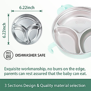 qianliyer Stainless Steel Kid Bowls Stainless Steel Suction Plates for Baby Divided Toddler Plates With Suction, Lid and Baby Bibs(Green)