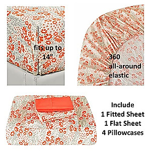 American Home Collection 6 Piece Print Bedding Sheets & Pillowcases Set Brushed Microfiber Wrinkle Free 14 Inches Deep Pocket Coral Patterned Sheets (Queen, Peach Floral)