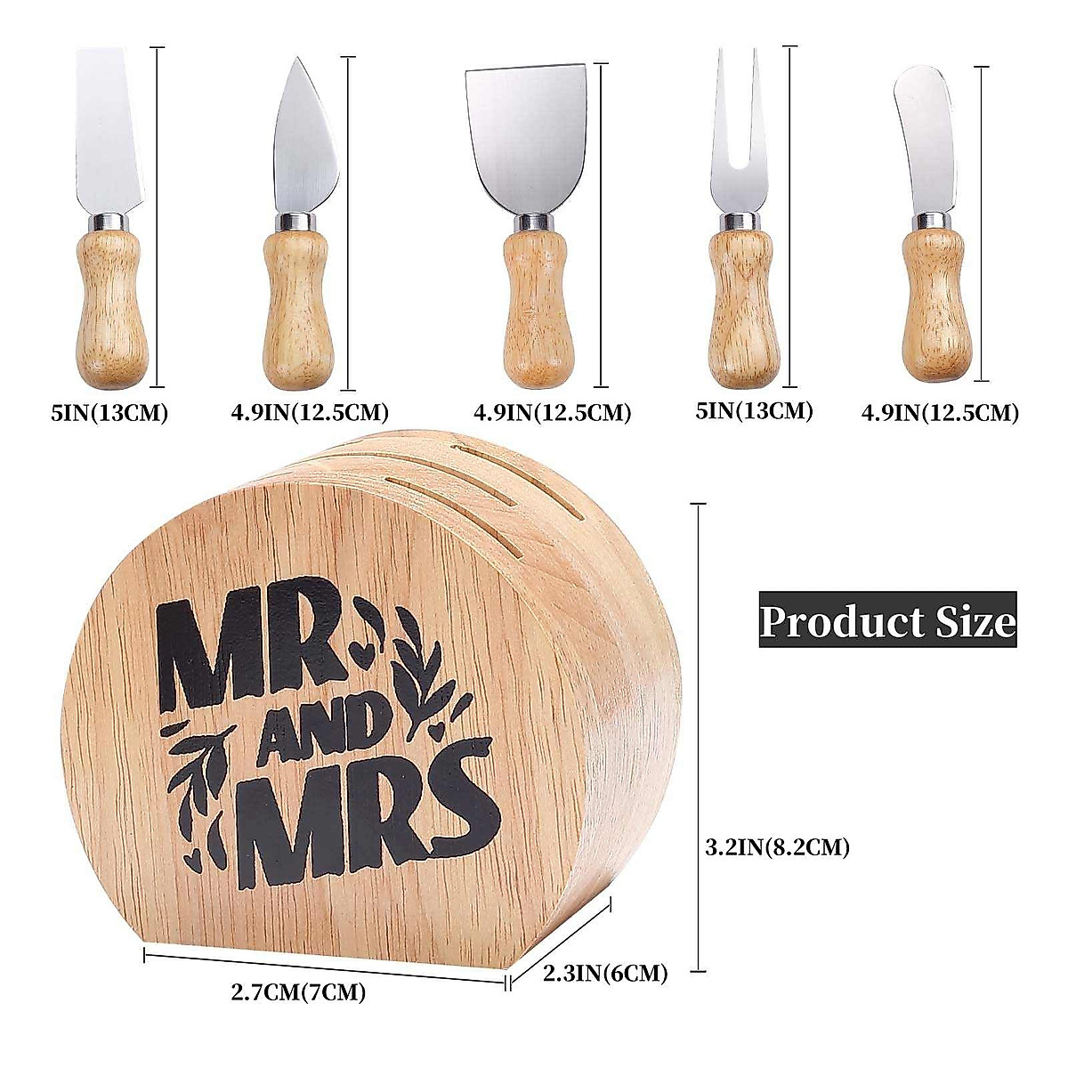 Qinwindeer Cheese Knife Set with Wooden Holder,Cheese Spreader Knives Set of 5 for Charcuterie Board,Charcuterie Boards Accessories Charcuterie Utensils Tools Git Box (Mr Mrs)