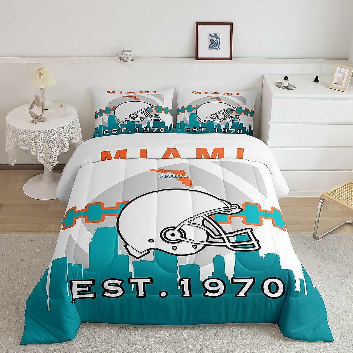 Erosebridal Sports Comforter Set Queen,Boys Football Bedding Set for Kids Boys Girls,Blue Orange Rugby Quilt Inner Fill,American Football City Down Comforter with 2 Pillowcases(Miami)