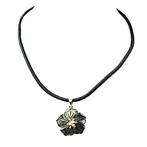 14K Yellow Gold Tahitian Mother of Pearl with Diamonds Pendant with a Black Silk Cord 18 Inch