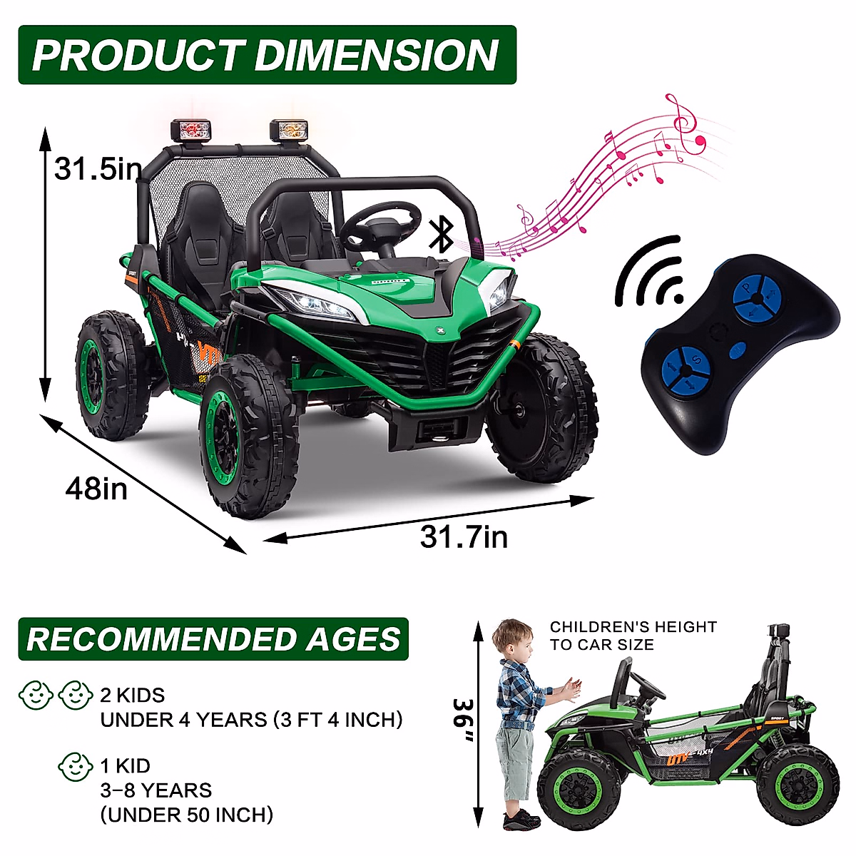 MOLACHI 24V 10AH Ride on Cars 2 Seater,Electric Cars Vehicles with 2x200W Powerful Motors,Metal Frame, Brake&Gas Pedal, EVA Tires, 3 Speed, Led Light, Bluetooth, 2 Spring Suspension(Green)