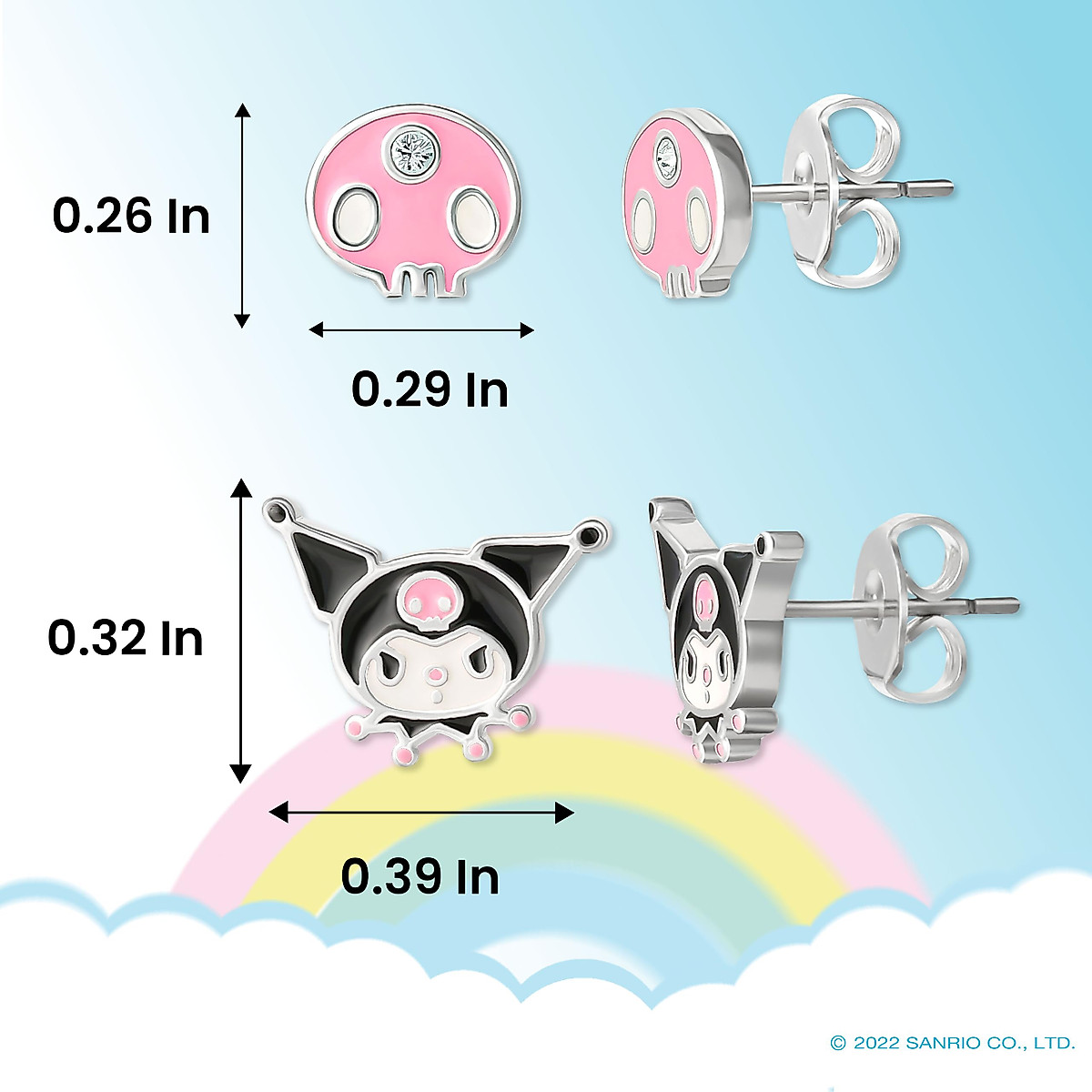 Sanrio Womens Pink Skull and Kuromi Earrings Set 2 Pairs - Silver Plate and Enamel Sanrio Stud Earrings Officially Licensed