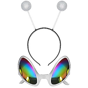 Cheerin Alien Headband and Glasses - Alien Antenna Headband and Silver Alien Sunglasses - Space Costume Accessories - Sparkly Alien Costume