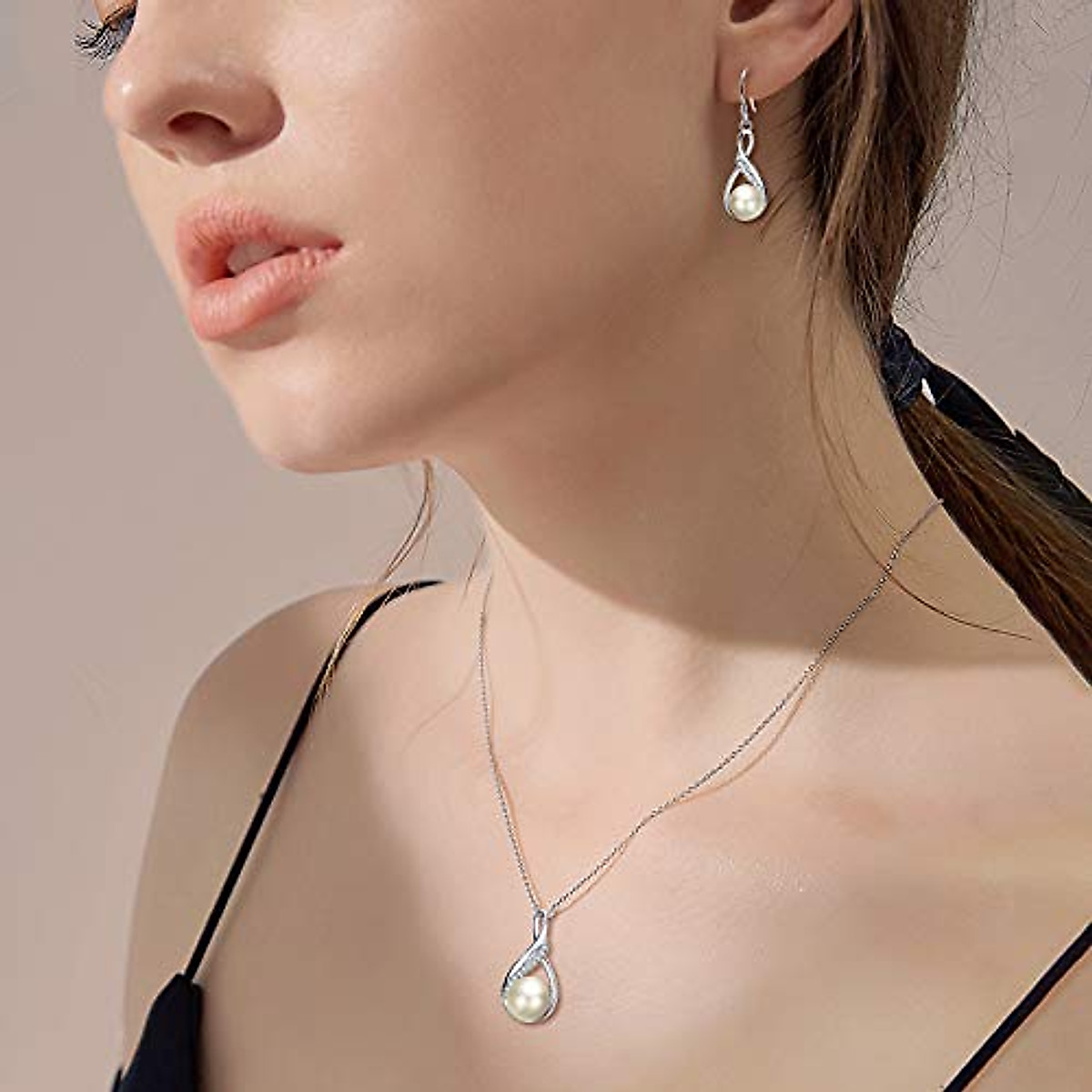 EleQueen 925 Sterling Silver CZ Freshwater Cultured Pearls Bridal Pendant Necklace Earrings Wedding Jewelry Sets, Valentine's Day/Mother's Day/Christmas Jewelry Gift for Girlfriend/Mom