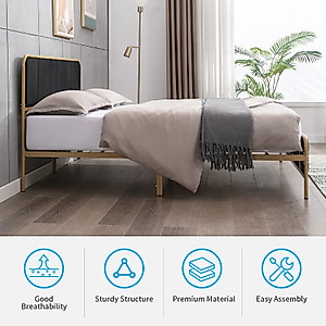 Mjkone California King Size Metal Platform Bed Frame with Dutch Velvet Headboard, Clearance Bed Frame Upholstered Headboard, Metal Strip Support, No Box Spring Needed, Black