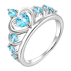 YL Crown Rings 925 Sterling Silver Heart Engagement Rings Queen Created Aquamarine Anniversary Jewelry-size6