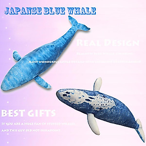 ELAINREN 110cm Japanse Blue Whale Plush Large Whale Shark Soft Hugging Body Pillow, Lifelike Humpback Whale Stuffed Ocean Animals Plushie Gifts