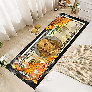 Money Rug Burning 100 Dollar Bill Runner Rugs Cool Rug Black Area Rug Non Skid Laundry Room Rug Floor Decor Carpet Indoor Mat Long Rugs for Hallway Bedroom Bathroom Living Room Office 60"x24"