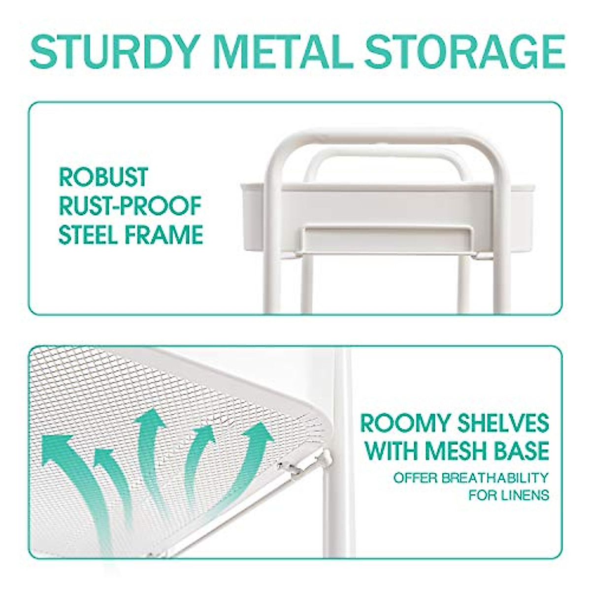 TOOLF 3-Tier Rolling Cart, Metal Utility Cart with Lockable Wheels, Storage Craft Art Cart Trolley Organizer Serving Cart Easy Assembly for Office, Bathroom, Kitchen, Kids' Room, Classroom (White)