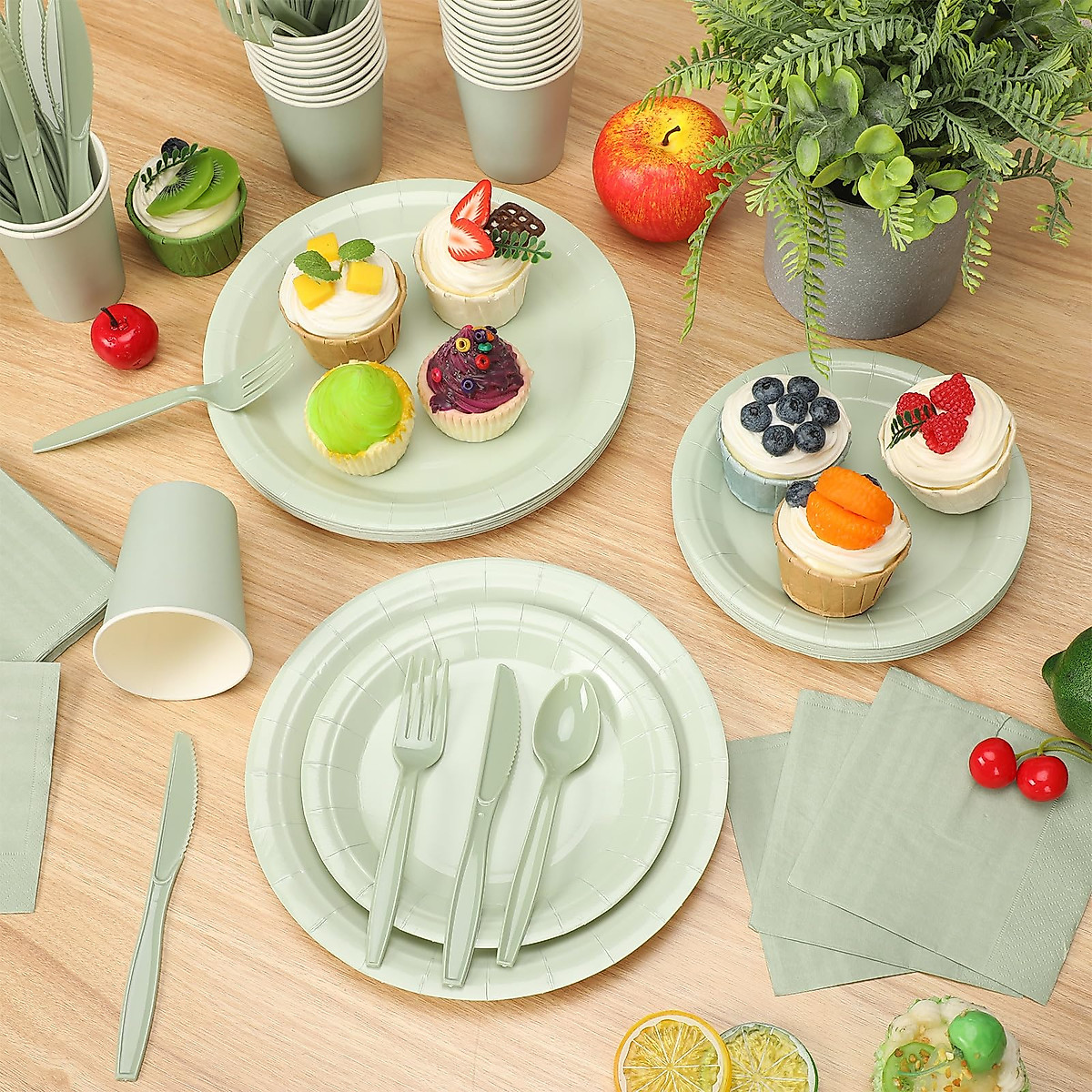 Dandat 168 Pcs Bridal Shower Decorations Baby Shower Party Supplies Include Baby Shower Plates and Cups and Napkins Sets with Plastic Forks Knives Spoons for Wedding Birthday (Sage)