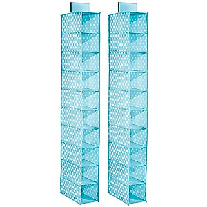 mDesign Soft Fabric Over Closet Rod Hanging Storage Organizer with 10 Shelves for Child/Kids Room or Nursery - Polka Dot Print - 2 Pack - Turquoise Blue with White Dots