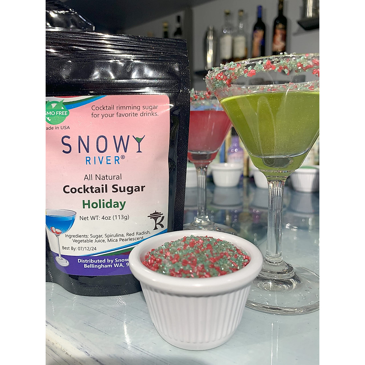 Snowy River Holiday Cocktail Sugar - Kosher All Natural Festive Cocktail Rimmer and Coffee Rimmer (Holiday, 4oz Bag)