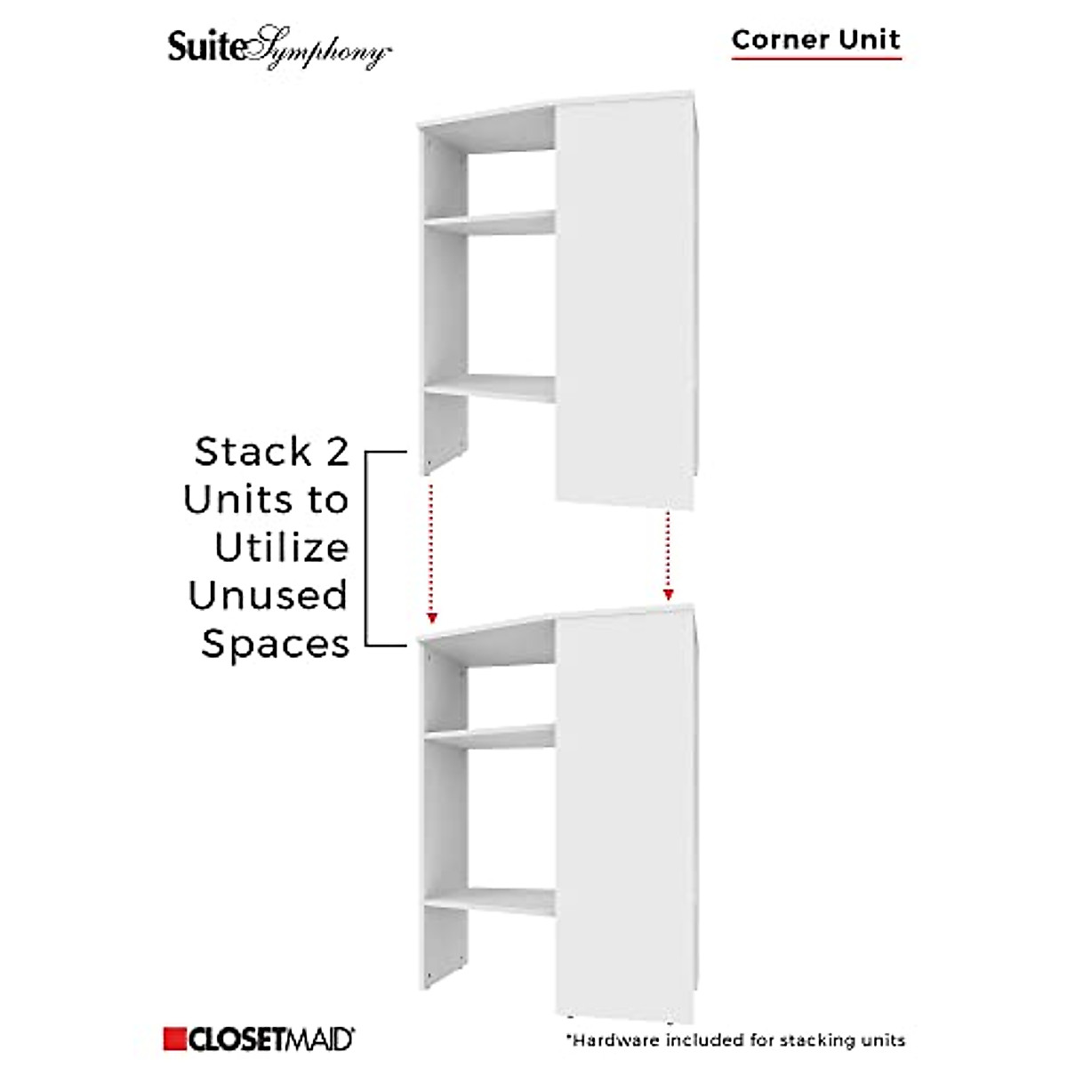 ClosetMaid SuiteSymphony Wood Corner Shelf Unit, 2 Shelves, Adjustable, Stacking, For Storage, Closet, Clothes, Shoes, Décor, Pure White, 41.13" X 19.63" X 31.75" Corner Unit