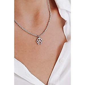Silver paw necklace, dog paw outline pendant, silver tone stainless steel chain necklace, gift for her, animal cat jewelry, Layering necklace, pet lover, waterproof
